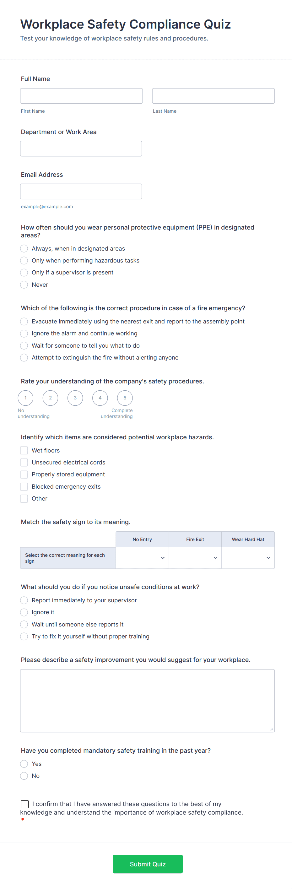 Workplace Safety Compliance Quiz Form Template | Jotform