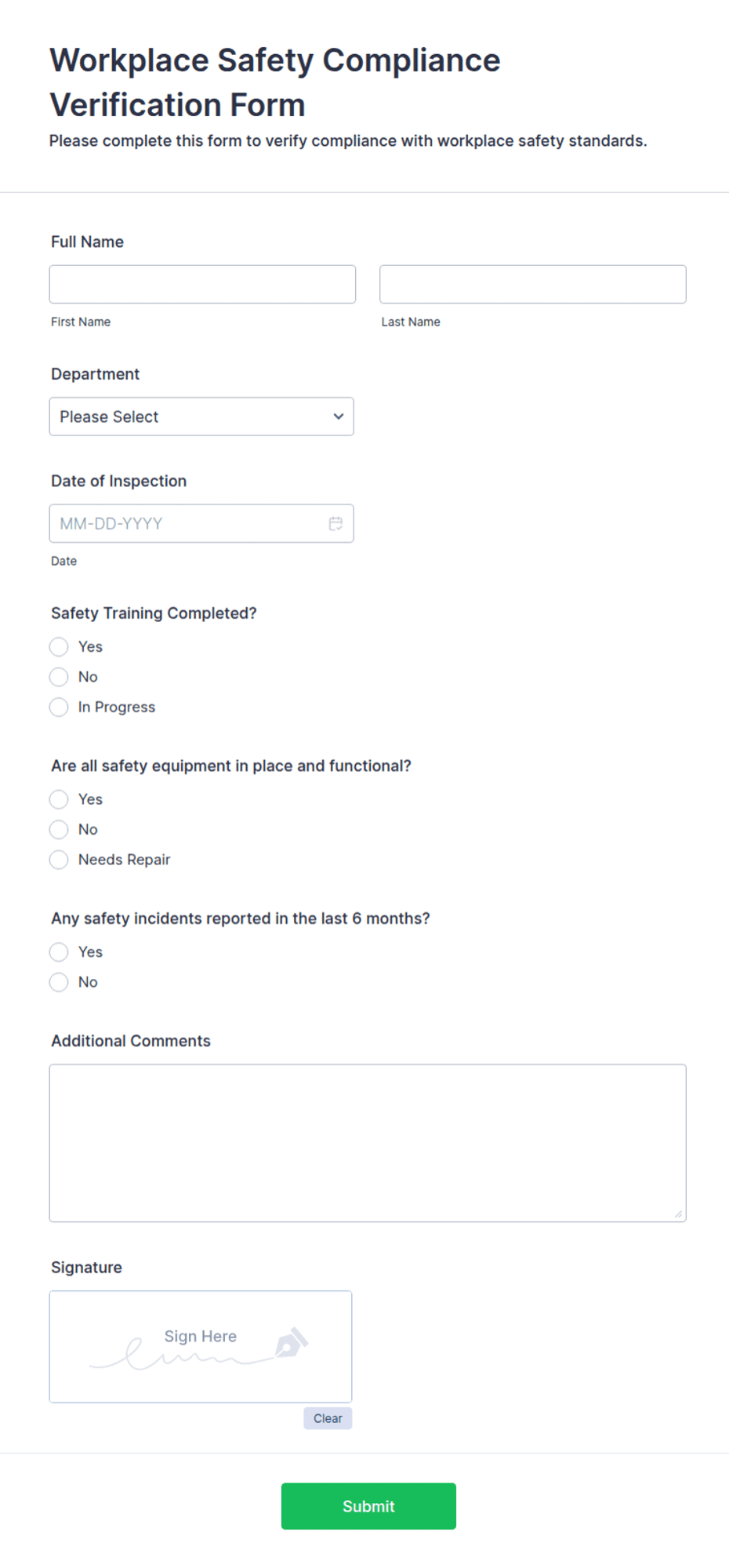 Workplace Safety Compliance Verification Form Template | Jotform