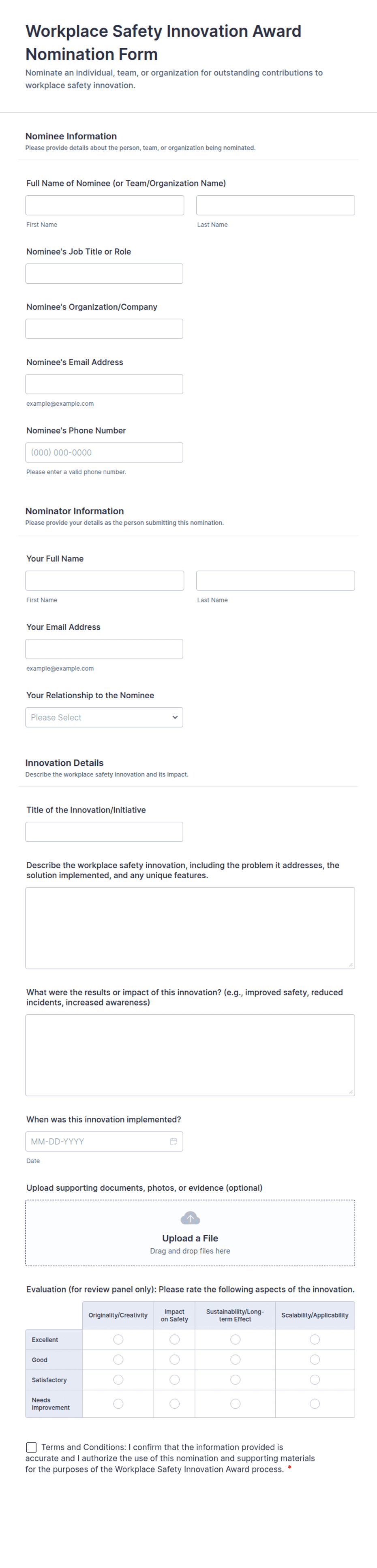 Workplace Safety Innovation Award Nomination Form Template | Jotform