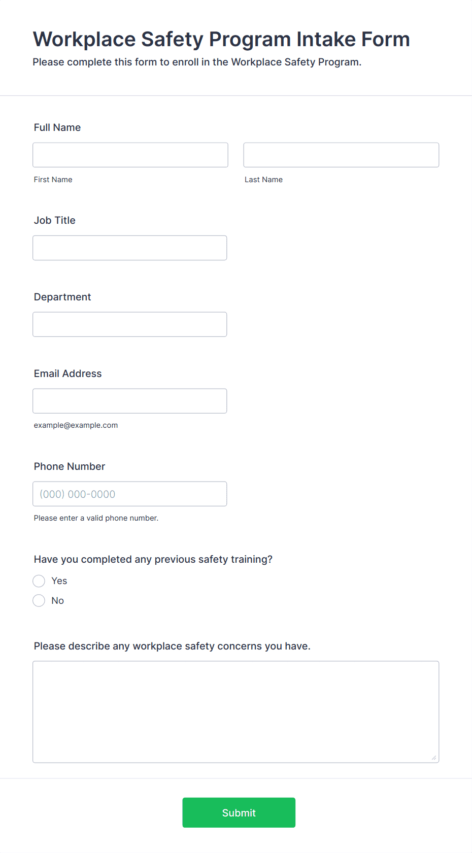 Workplace Safety Program Intake Form Template | Jotform