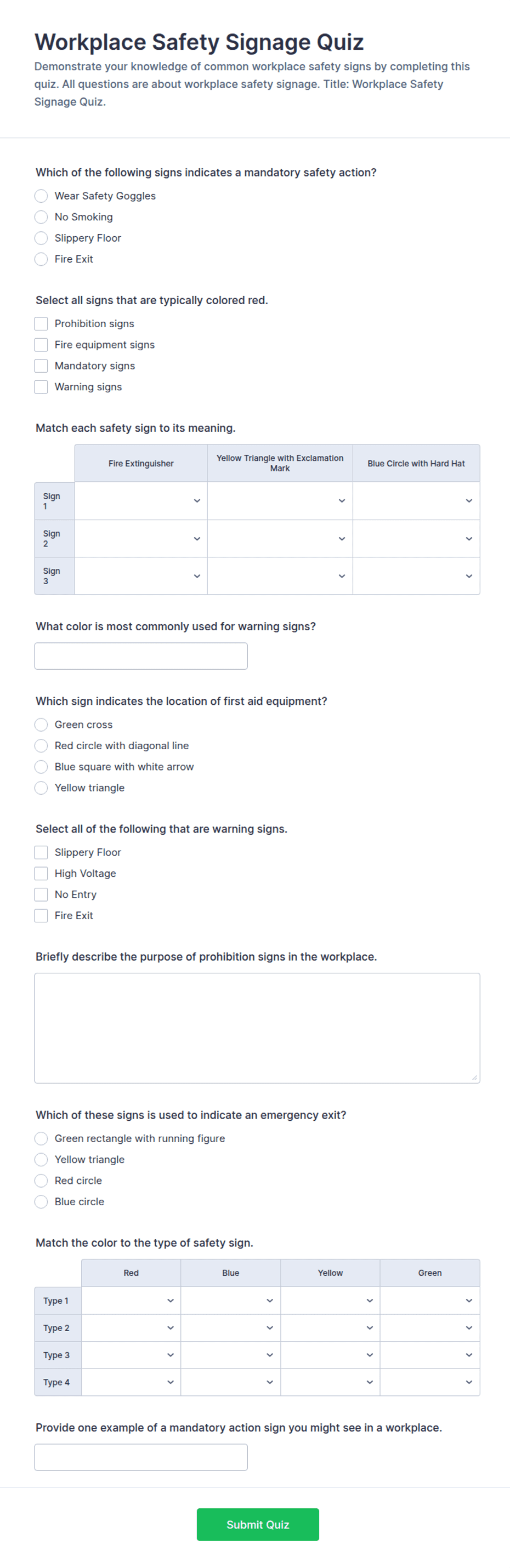Workplace Safety Signage Quiz Form Template | Jotform