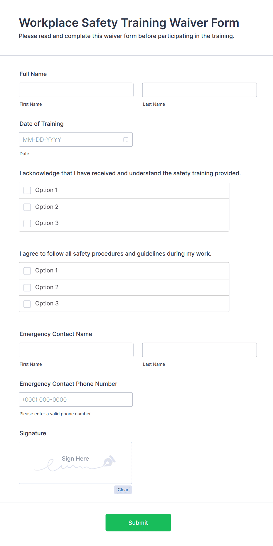Workplace Safety Training Waiver Form Template | Jotform