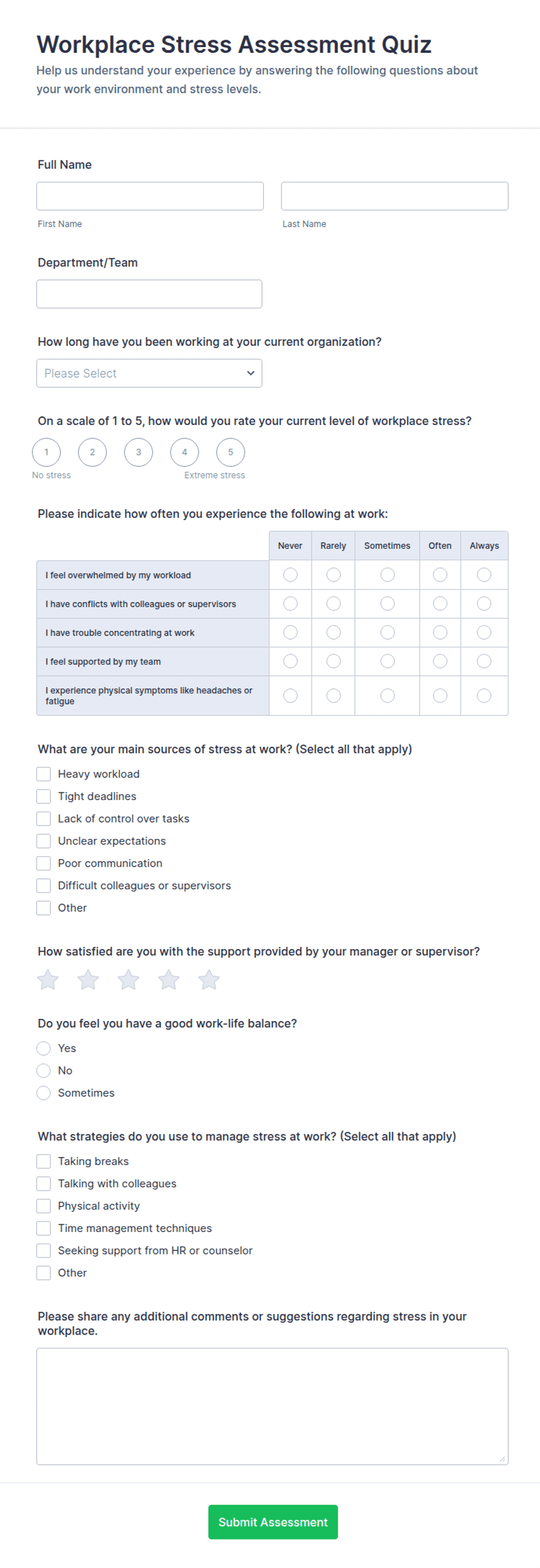 Workplace Stress Assessment Quiz Form Template | Jotform