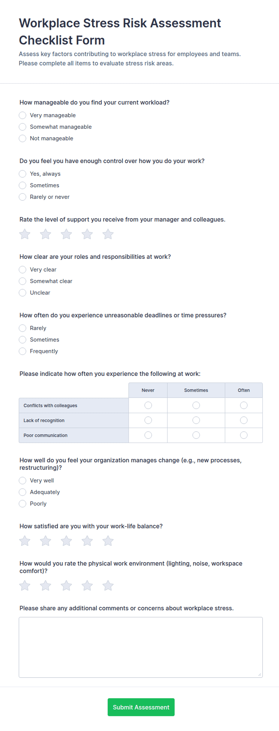 Workplace Stress Risk Assessment Form Template | Jotform