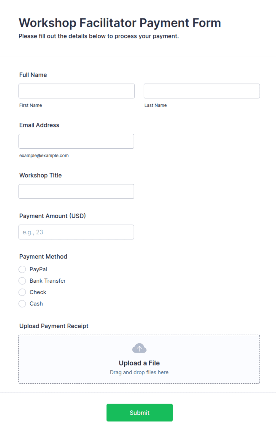 Workshop Facilitator Payment Form Template | Jotform