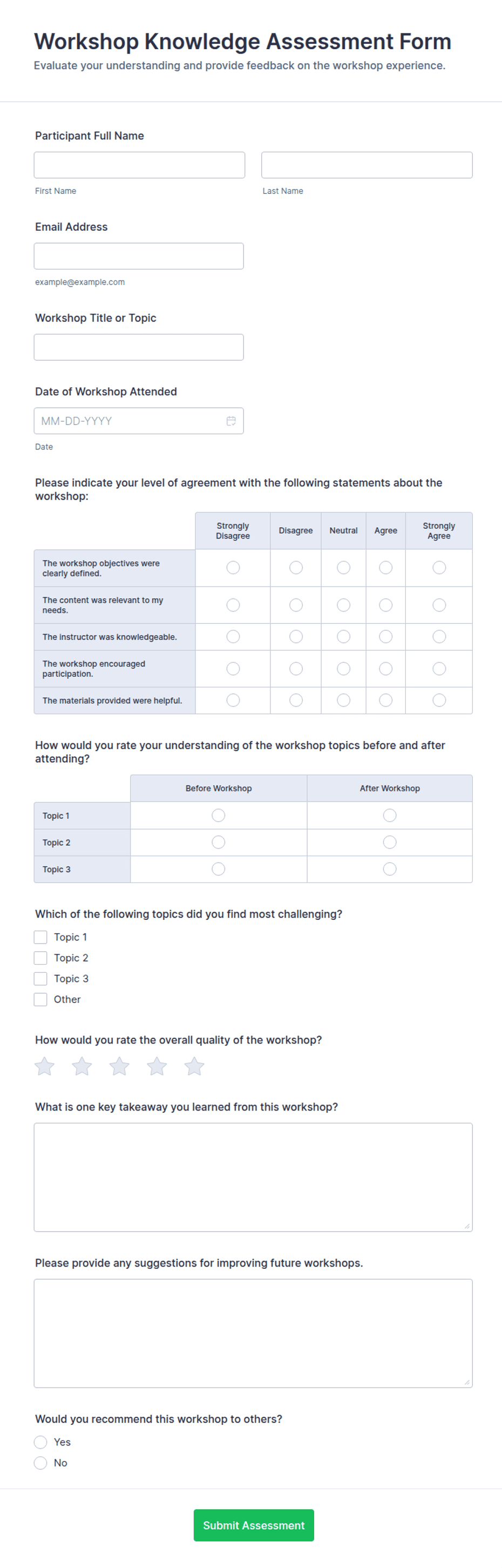 Workshop Knowledge Assessment Form Template | Jotform