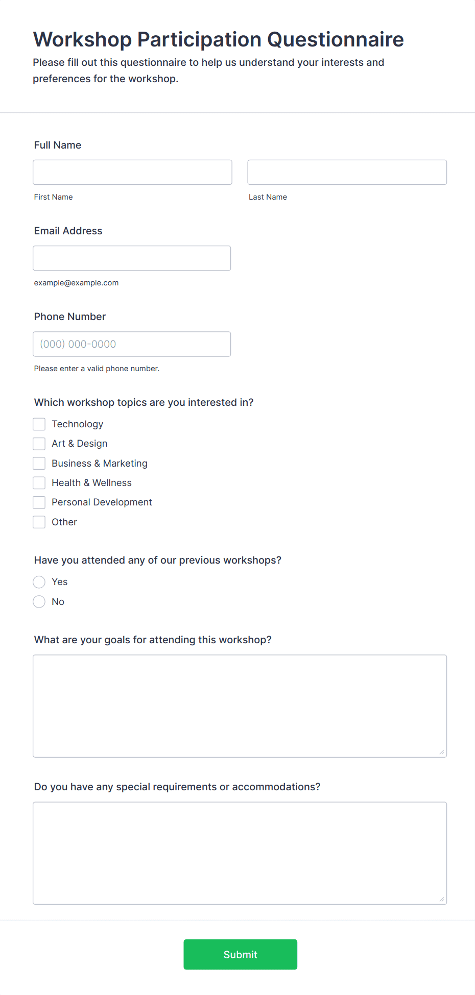 Workshop Participation Questionnaire Form Template | Jotform