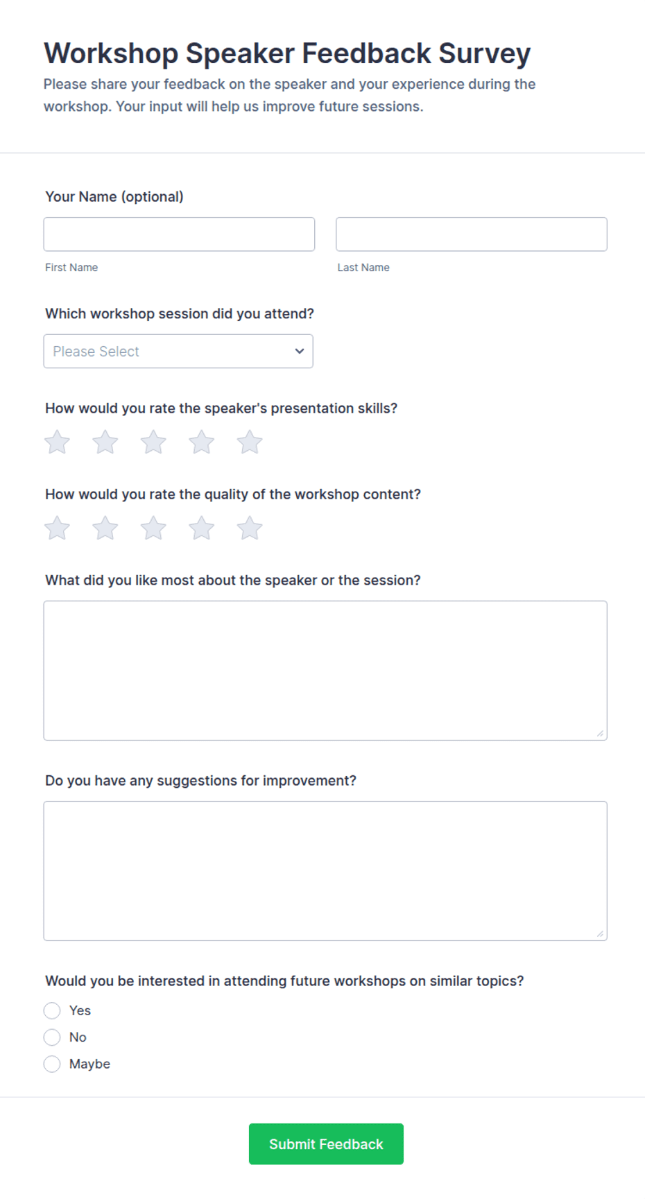 Workshop Speaker Feedback Survey Form Template | Jotform