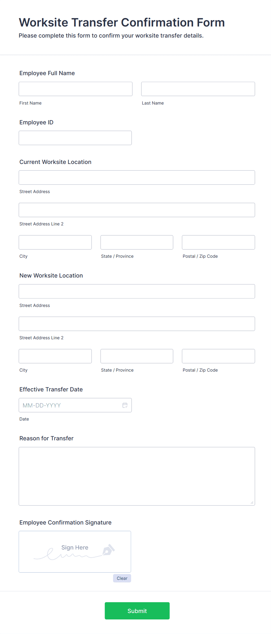 Worksite Transfer Confirmation Form Template | Jotform