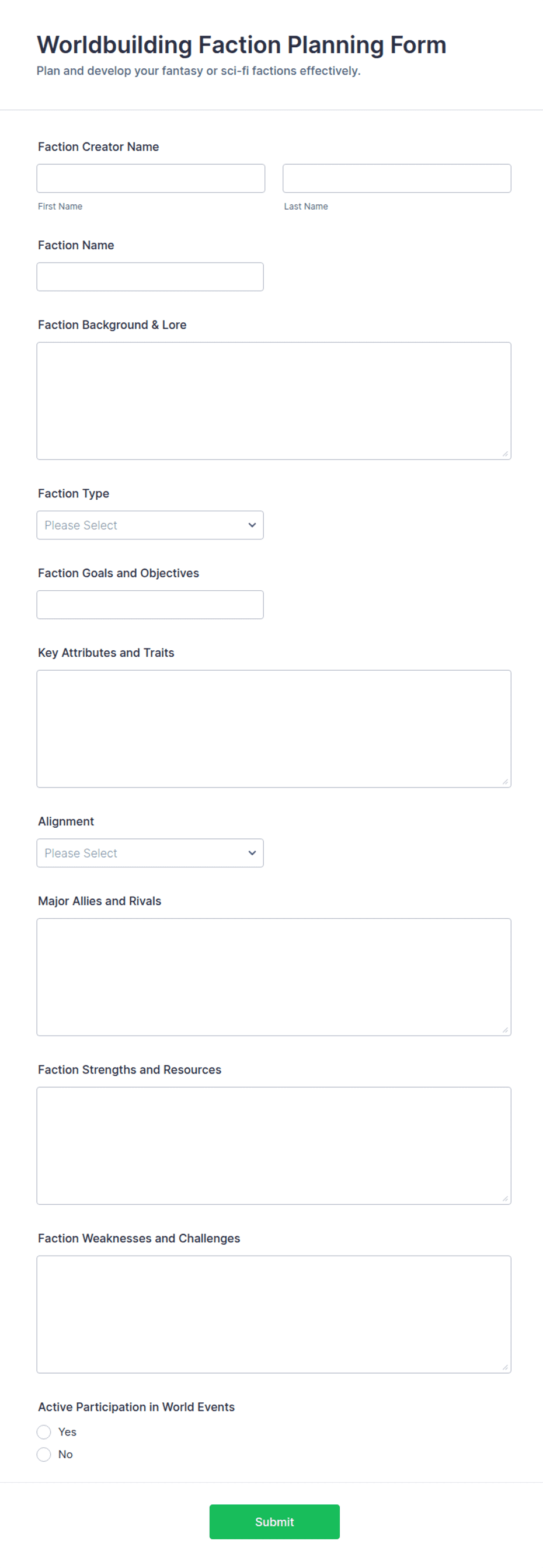 Worldbuilding Faction Planning Form Template | Jotform