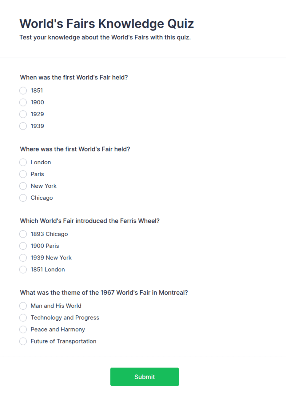 World's Fairs Knowledge Quiz Form Template | Jotform