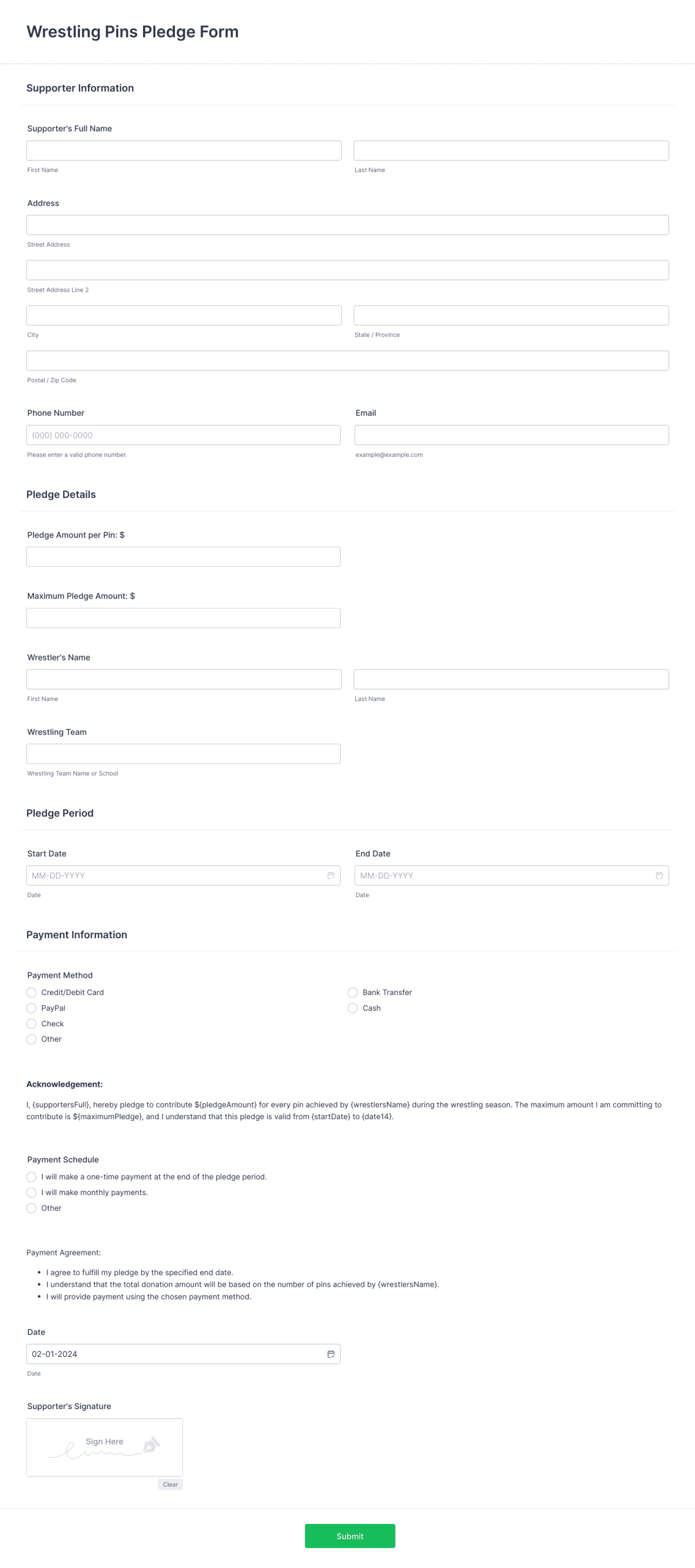 Wrestling Pins Pledge Form Template | Jotform