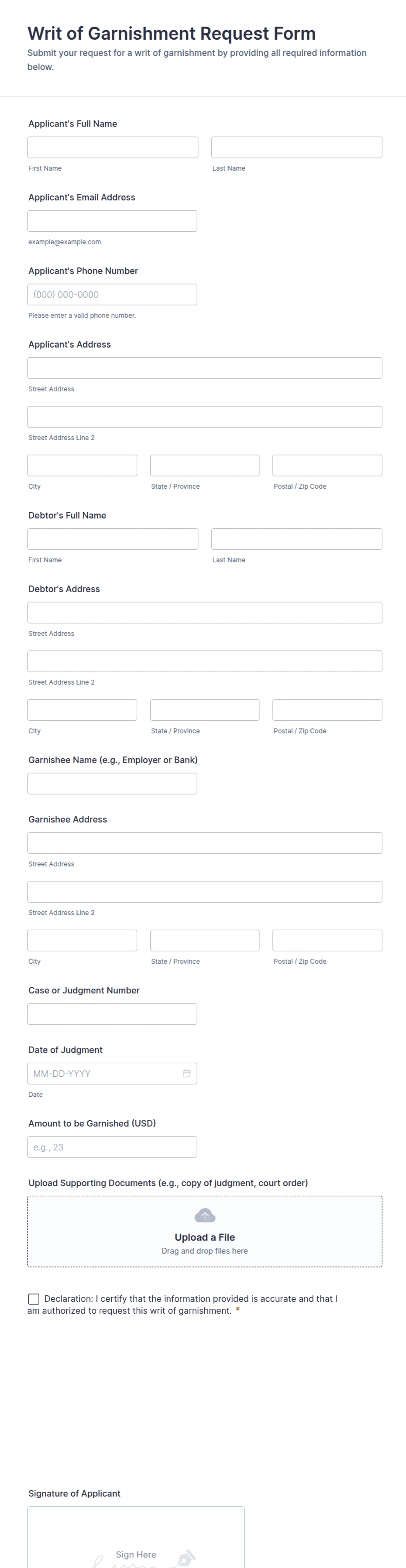 Writ of Garnishment Request Form Template | Jotform