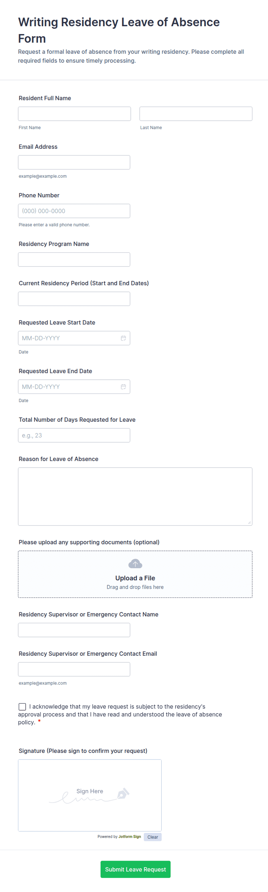 Writing Residency Leave of Absence Form Template | Jotform