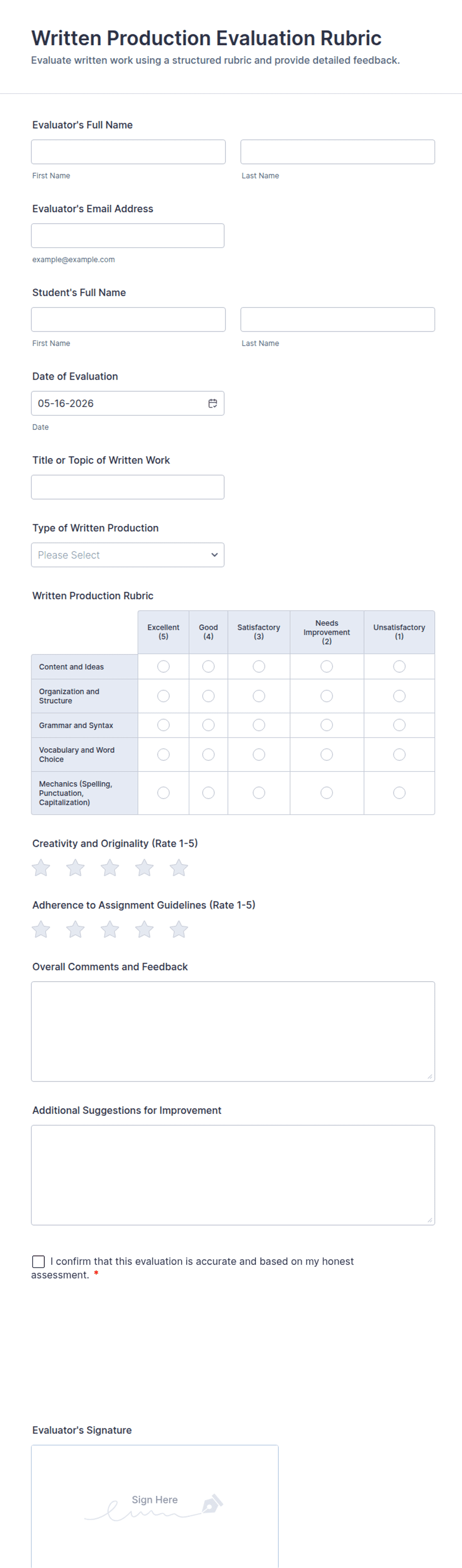 Written Production Evaluation Rubric Form Template | Jotform