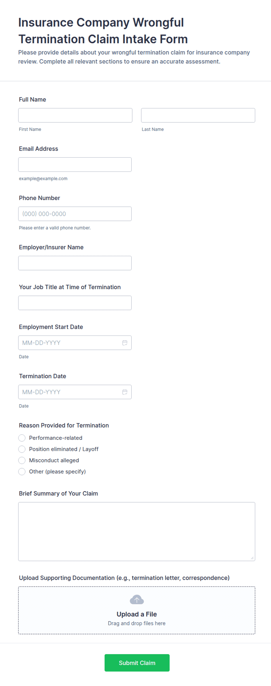 Wrongful Termination Claim Intake Form Template | Jotform