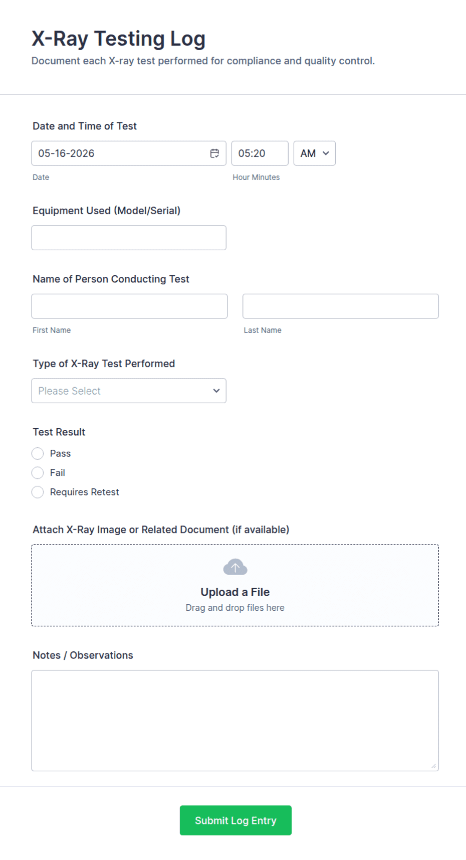 X-Ray Testing Log Form Template | Jotform