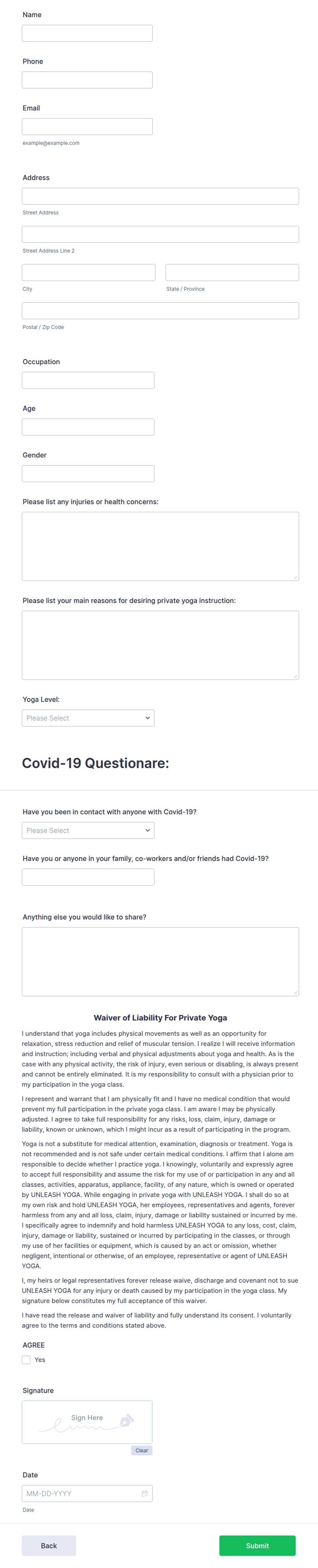 Yoga Center Intake Form Template | Jotform
