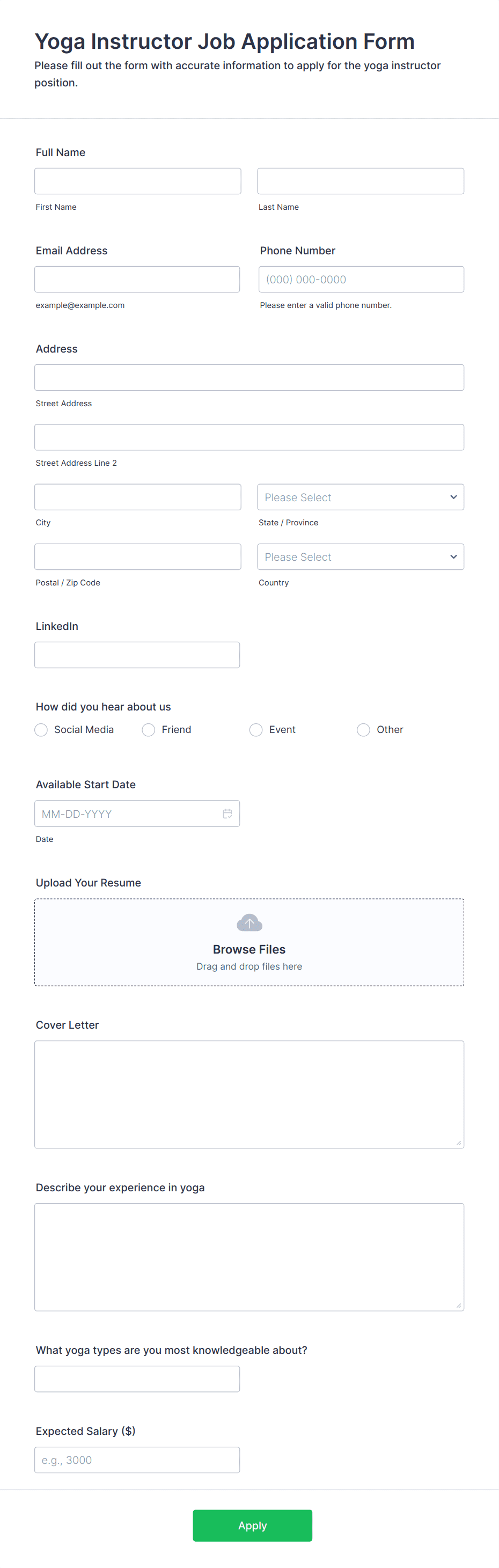 Yoga Instructor Job Application Form Template | Jotform