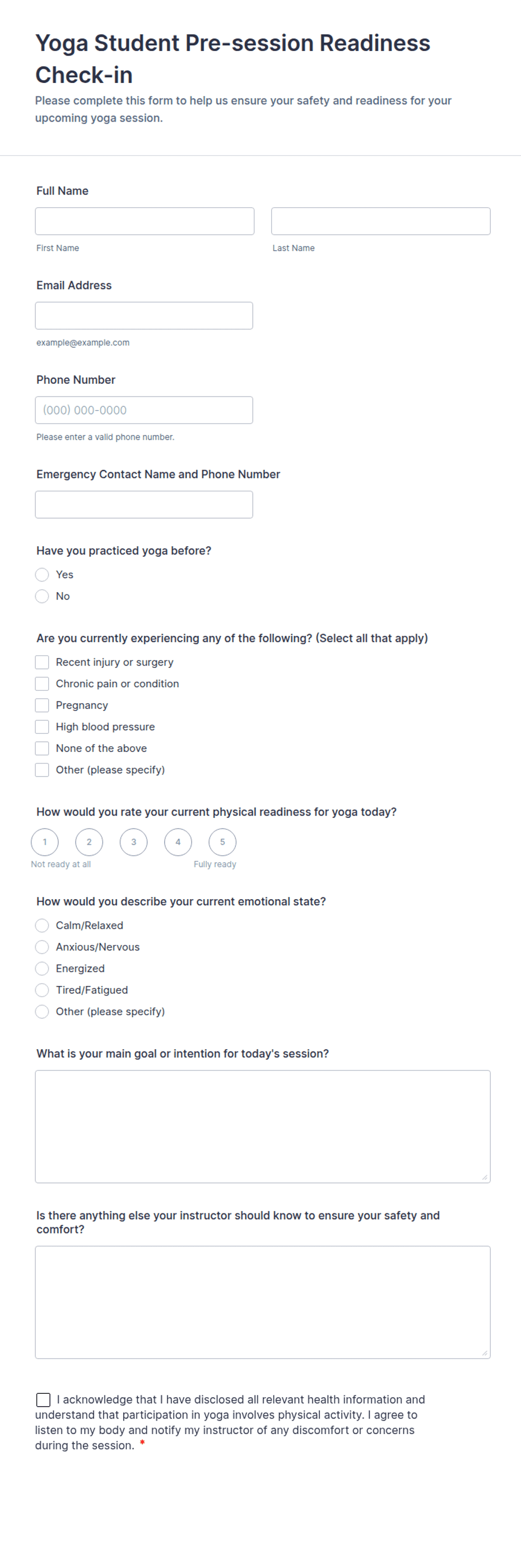 Yoga Student Pre-session Readiness Check-in Form Template | Jotform