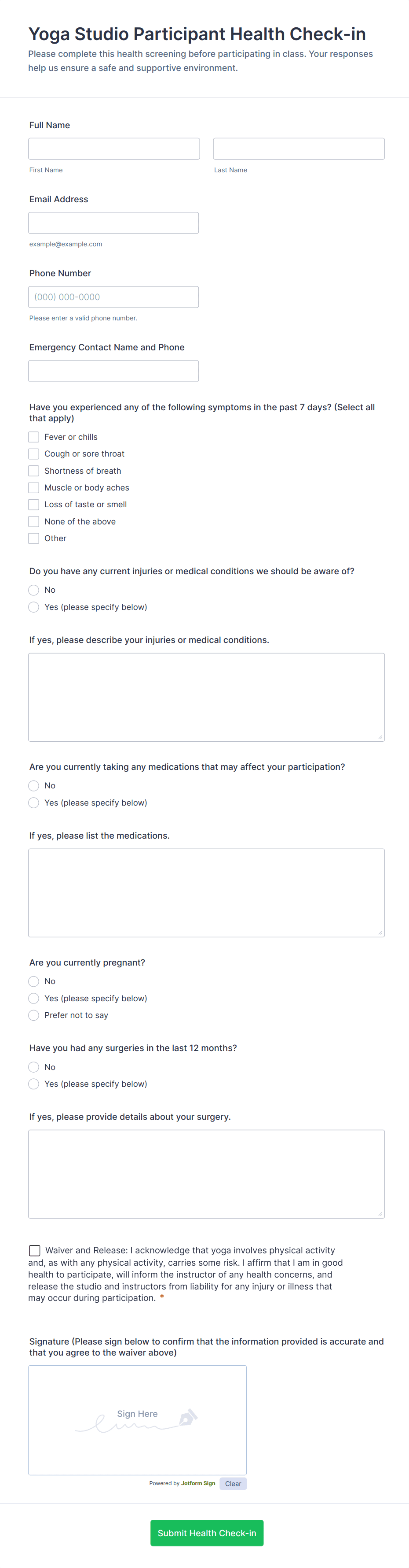 Yoga Studio Participant Health Check-in Form Template | Jotform