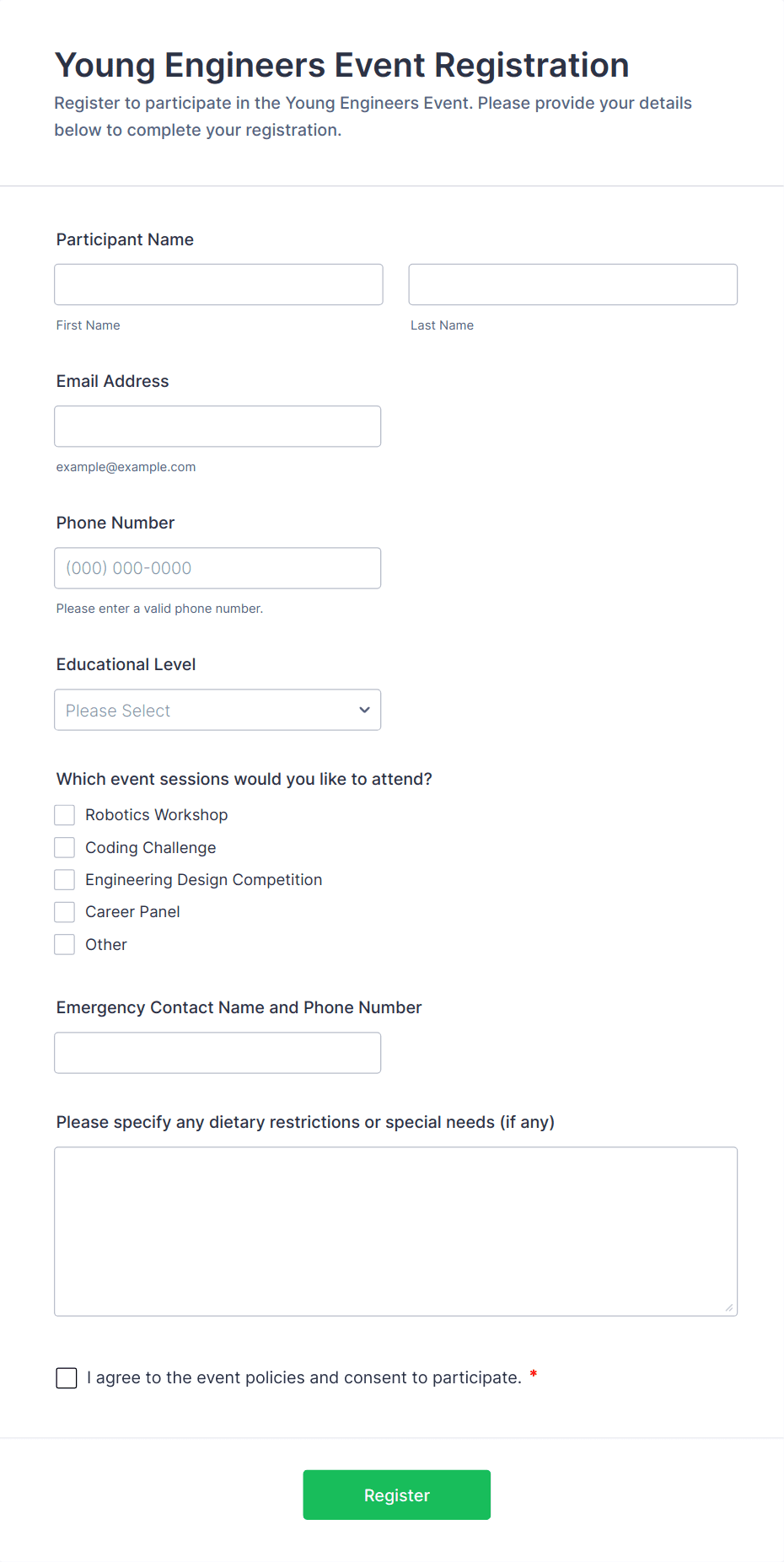Young Engineers Event Registration Form Template | Jotform