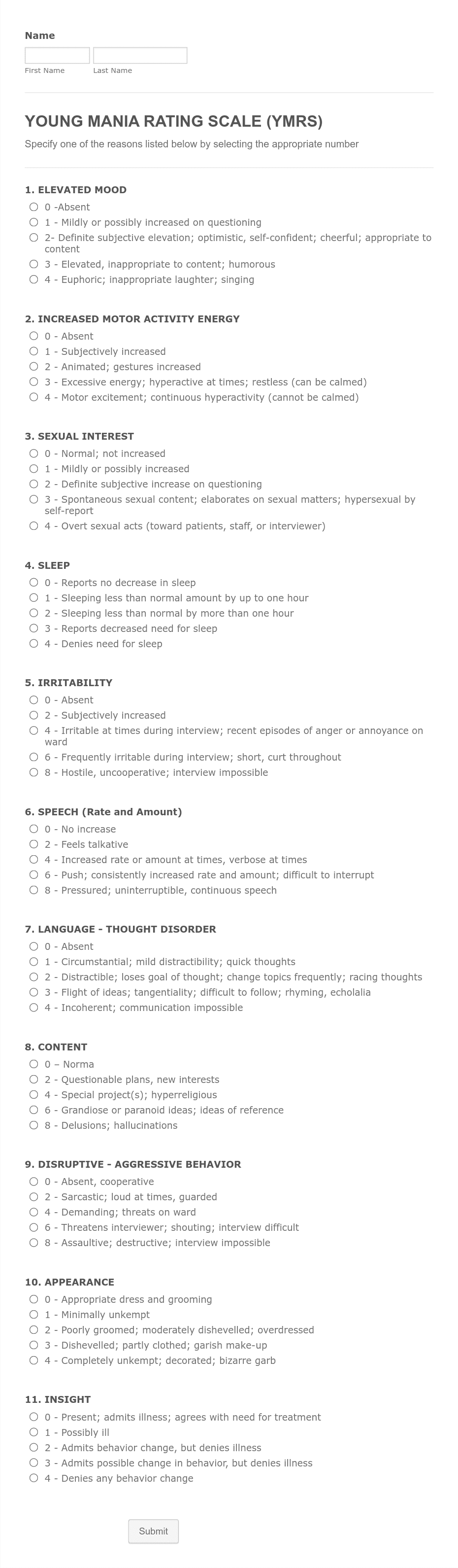 Young Mania Rating Scale (Ymrs) Form Template | Jotform
