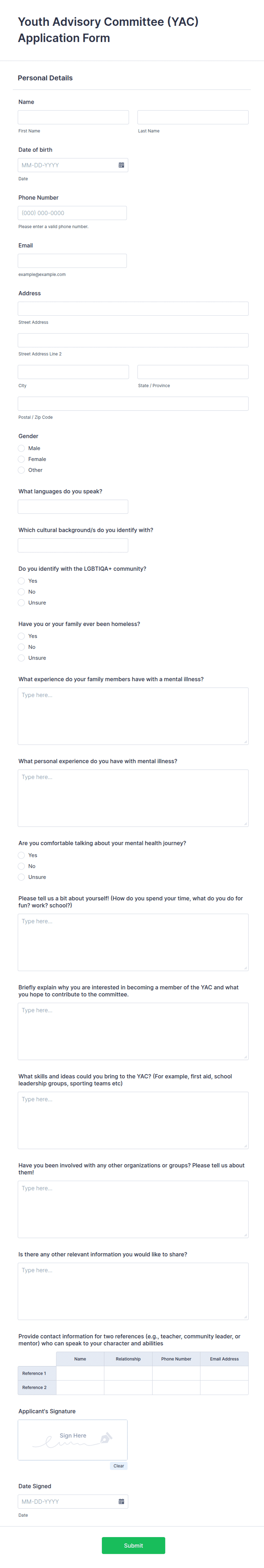 Youth Advisory Committee (YAC) Application Form Template | Jotform