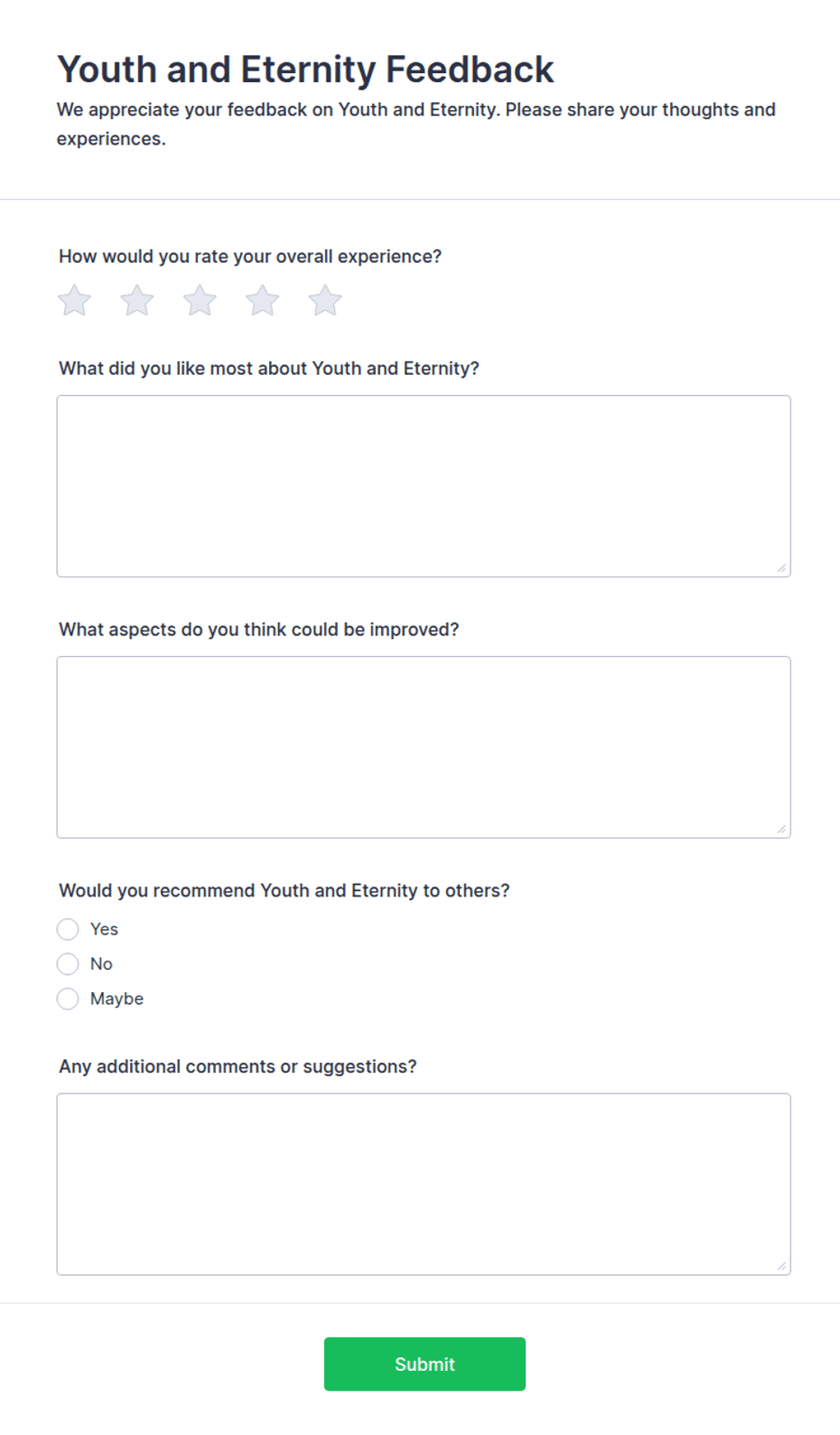 Youth and Eternity Feedback Form Template | Jotform