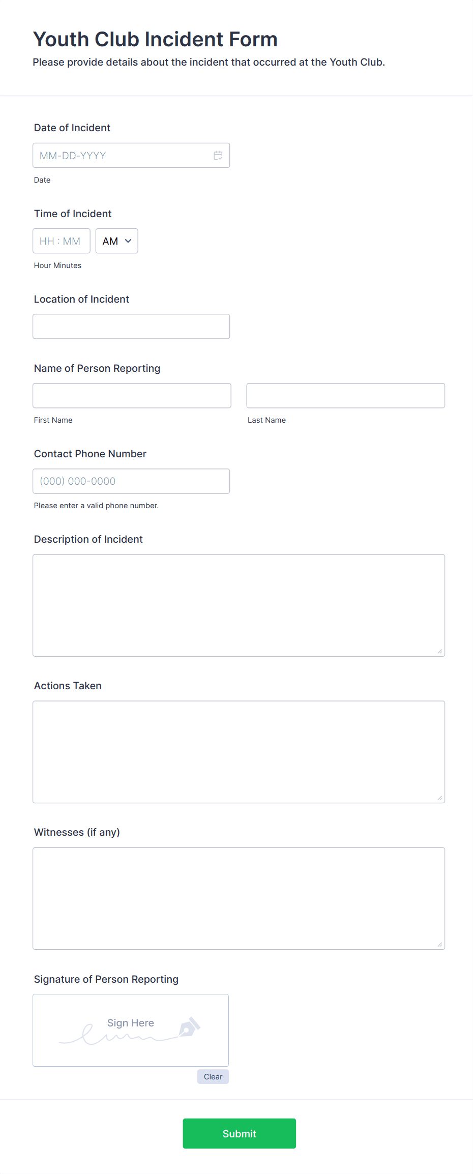 Youth Club Incident Form Template | Jotform