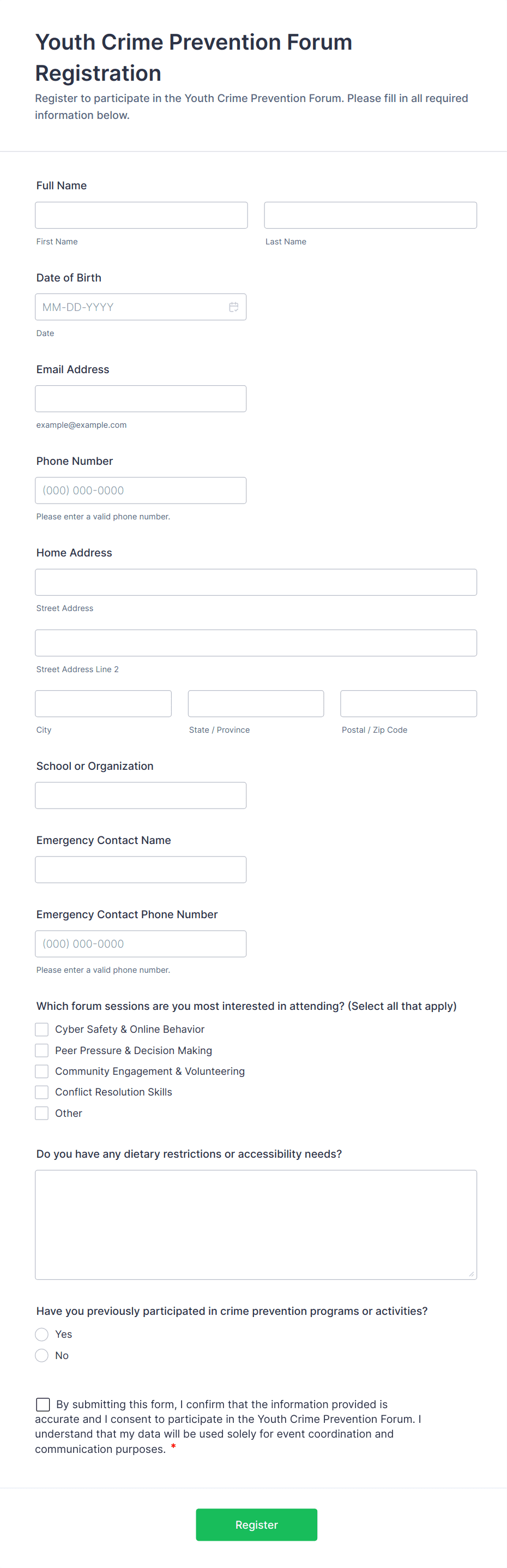 Youth Crime Prevention Forum Registration Form Template | Jotform