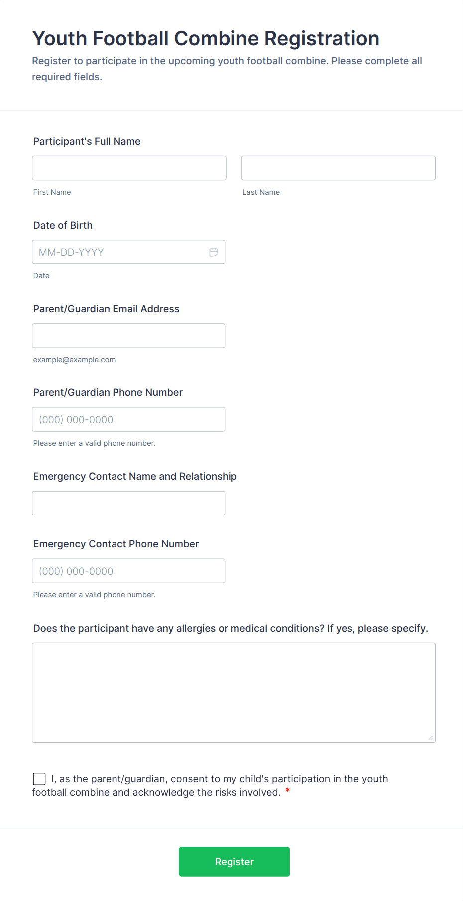 Youth Football Combine Registration Form Template | Jotform