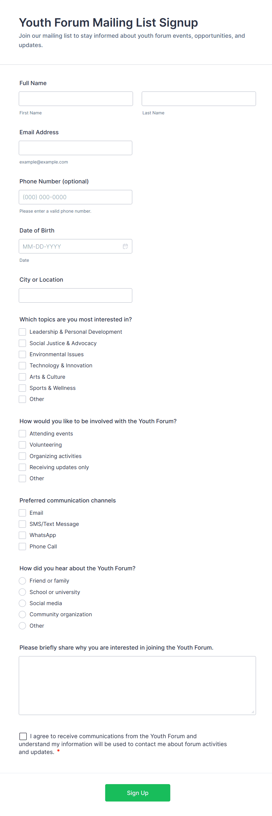 Youth Forum Mailing List Signup Form Template | Jotform