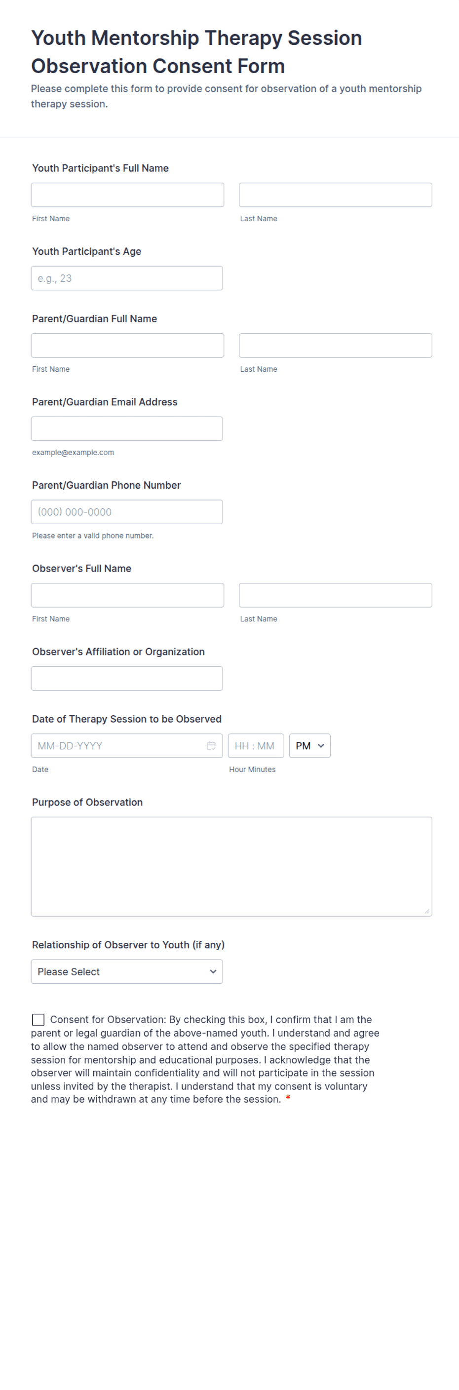 Youth Mentorship Therapy Session Observation Consent Form Template ...