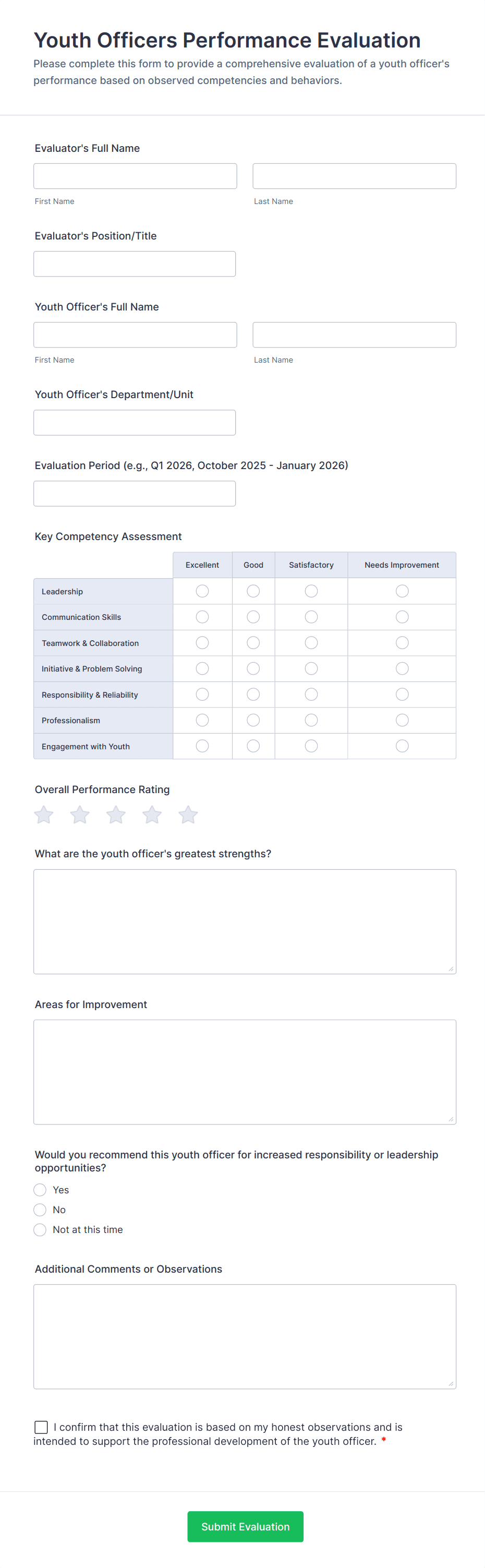 Youth Officers Performance Evaluation Form Template | Jotform