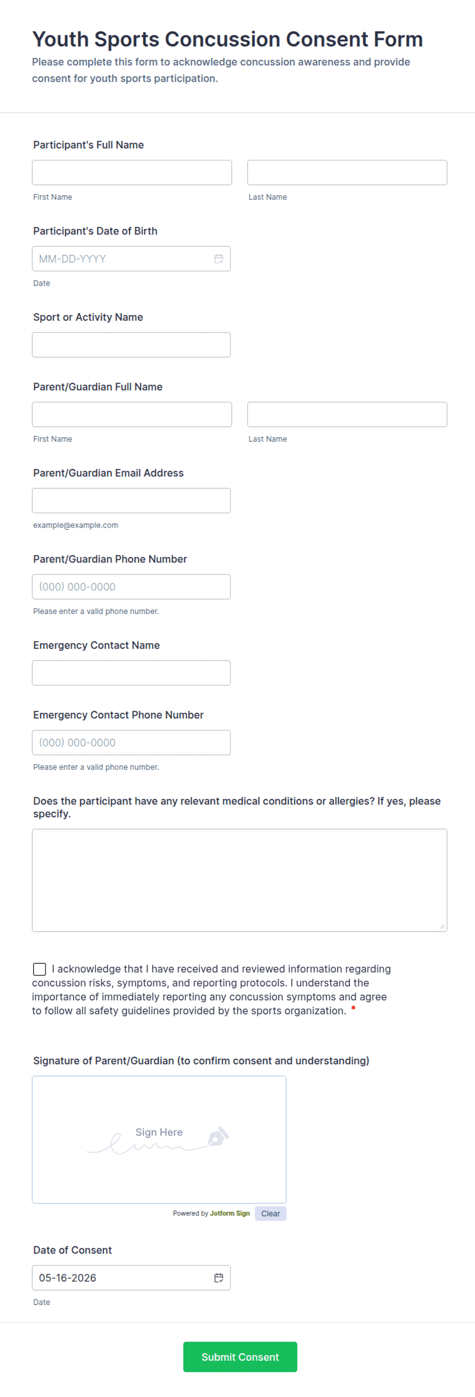 Youth Sports Concussion Consent Form Template | Jotform