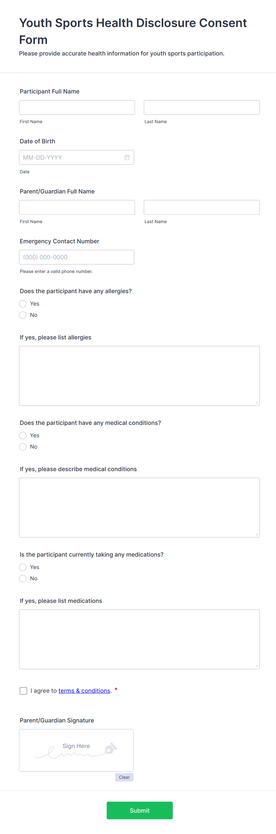 Youth Sports Health Disclosure Consent Form Template | Jotform
