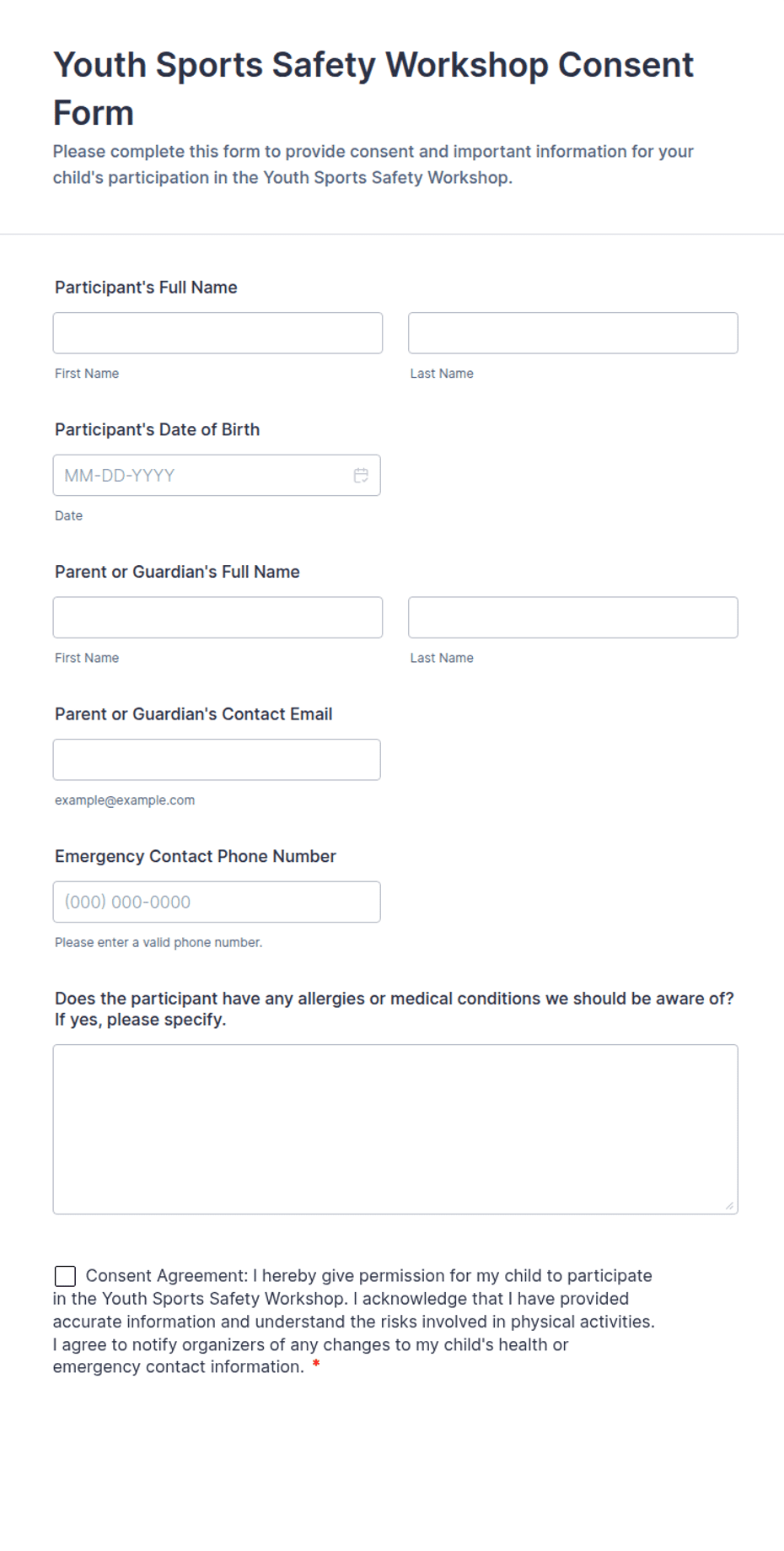 Youth Sports Safety Workshop Consent Form Template | Jotform