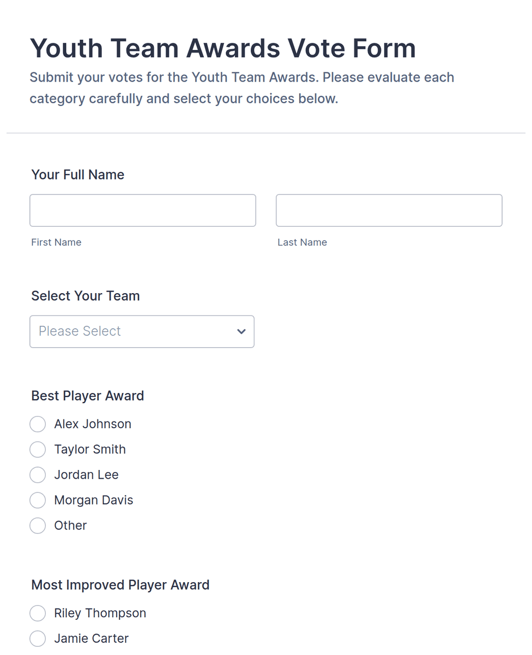 Youth Team Awards Vote Form Template | Jotform