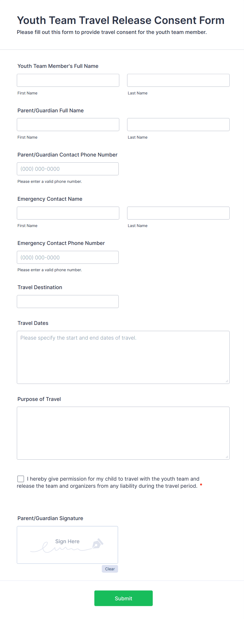 Youth Team Travel Release Consent Form Template | Jotform