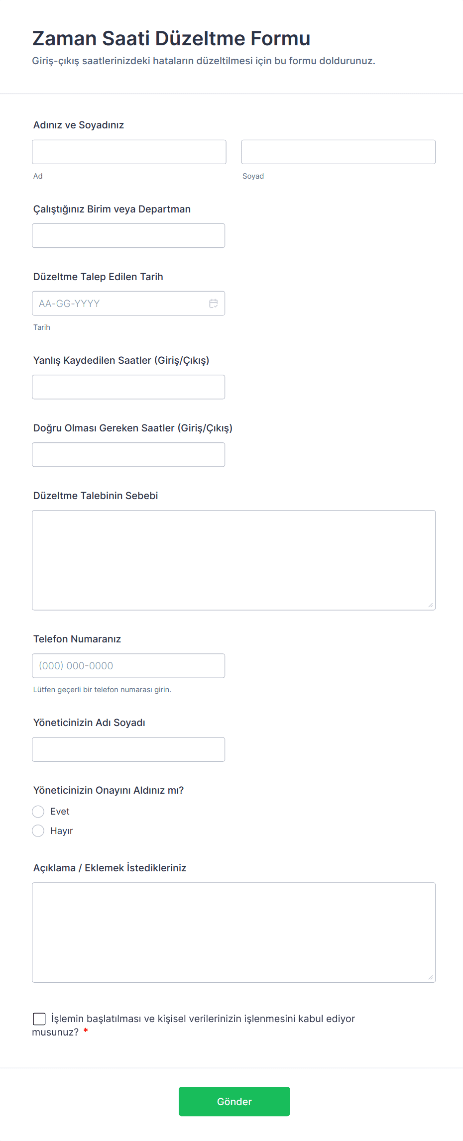 Zaman Saati Düzeltme Form Şablonu | Jotform
