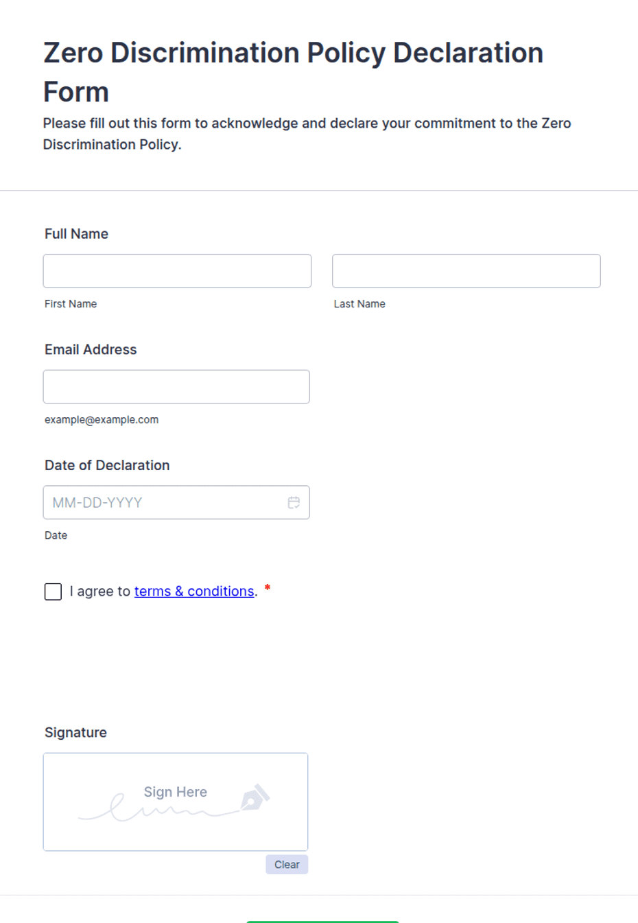 Zero Discrimination Policy Declaration Form Template | Jotform