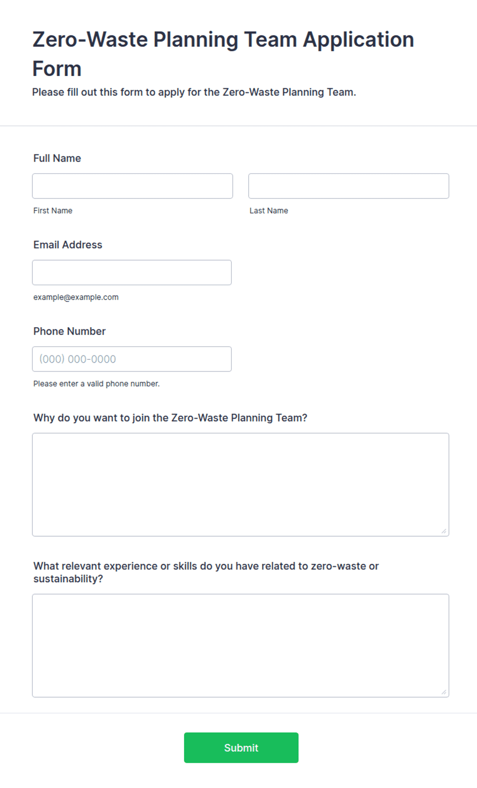 Zero-Waste Planning Team Application Form Template | Jotform