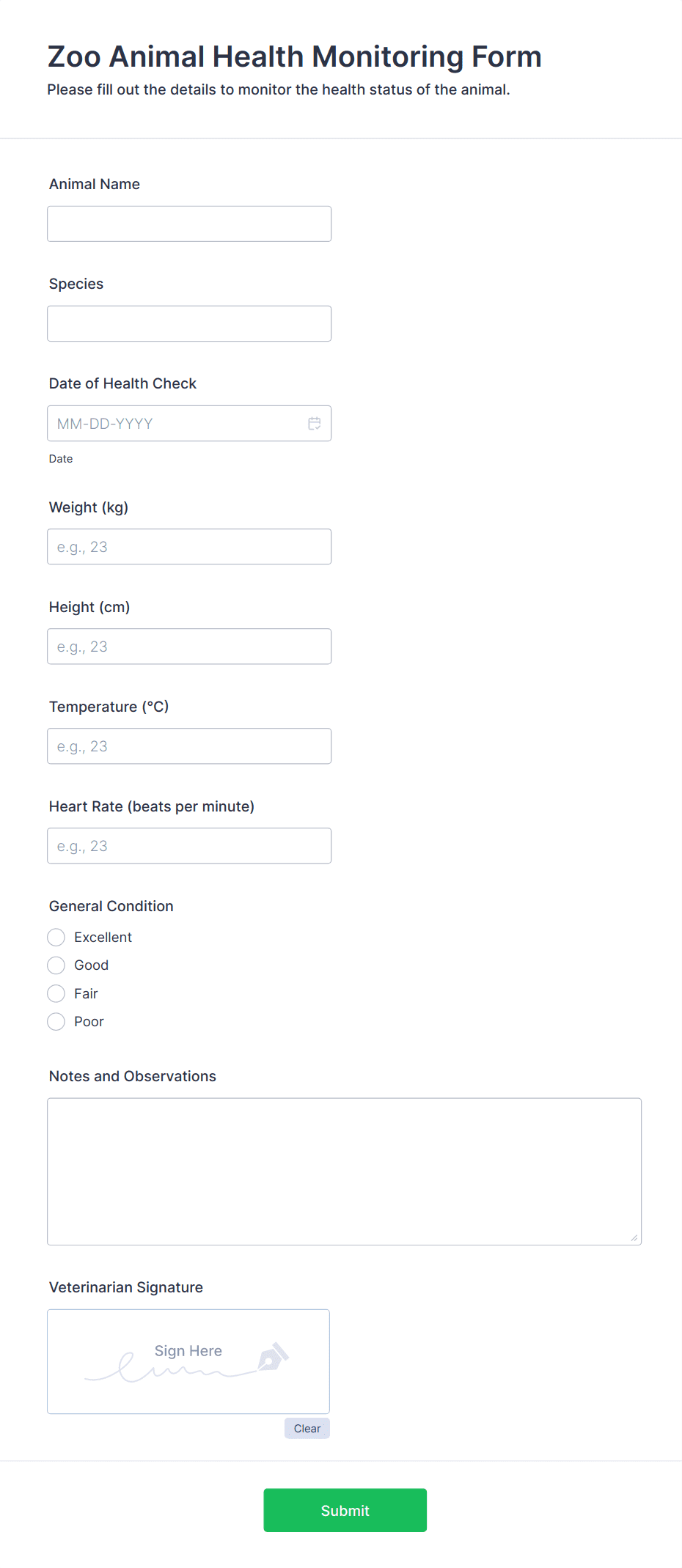 Zoo Animal Health Monitoring Form Template | Jotform