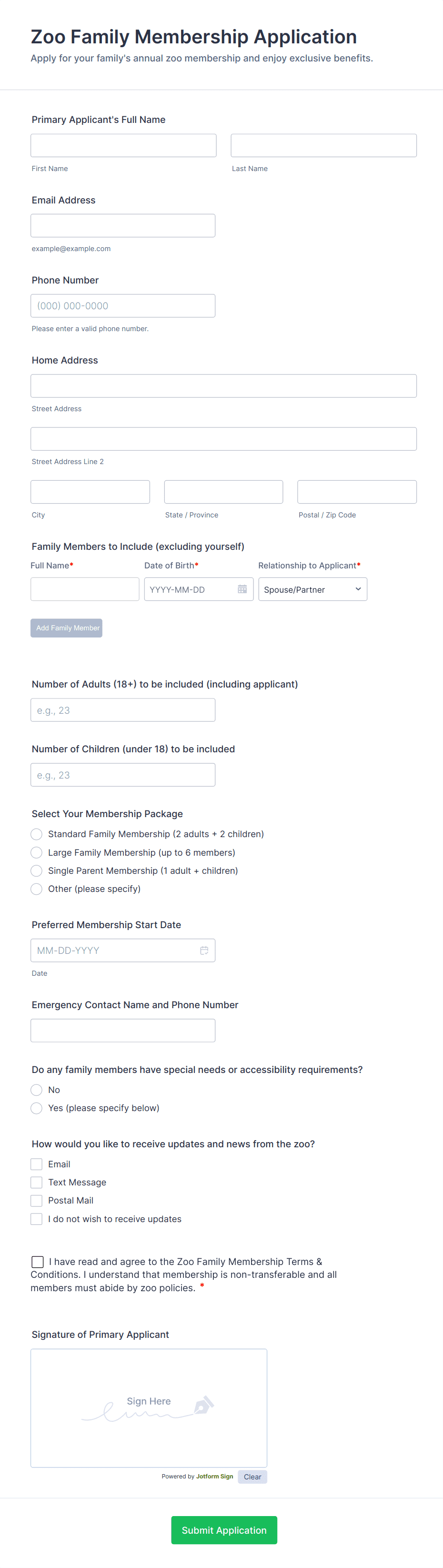 Zoo Family Membership Application Form Template | Jotform