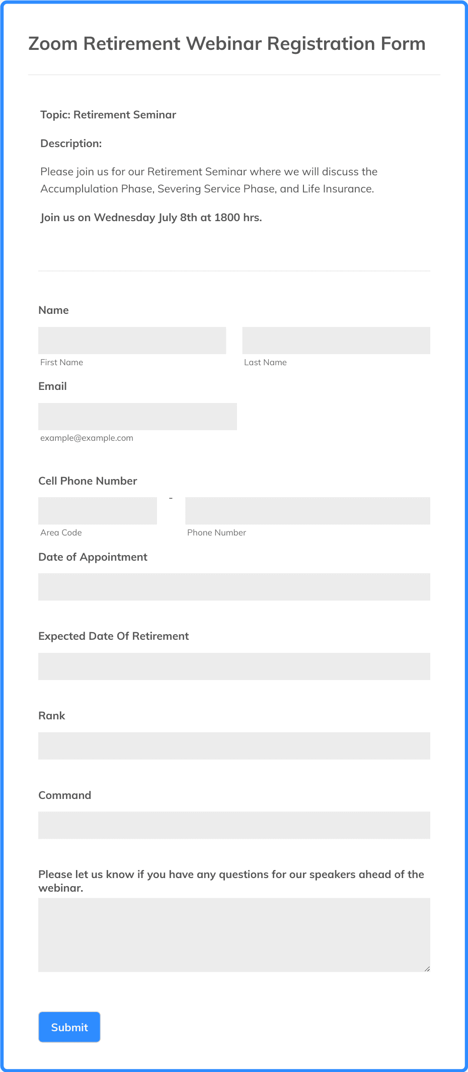 Zoom Retirement Webinar Registration Form Template | Jotform