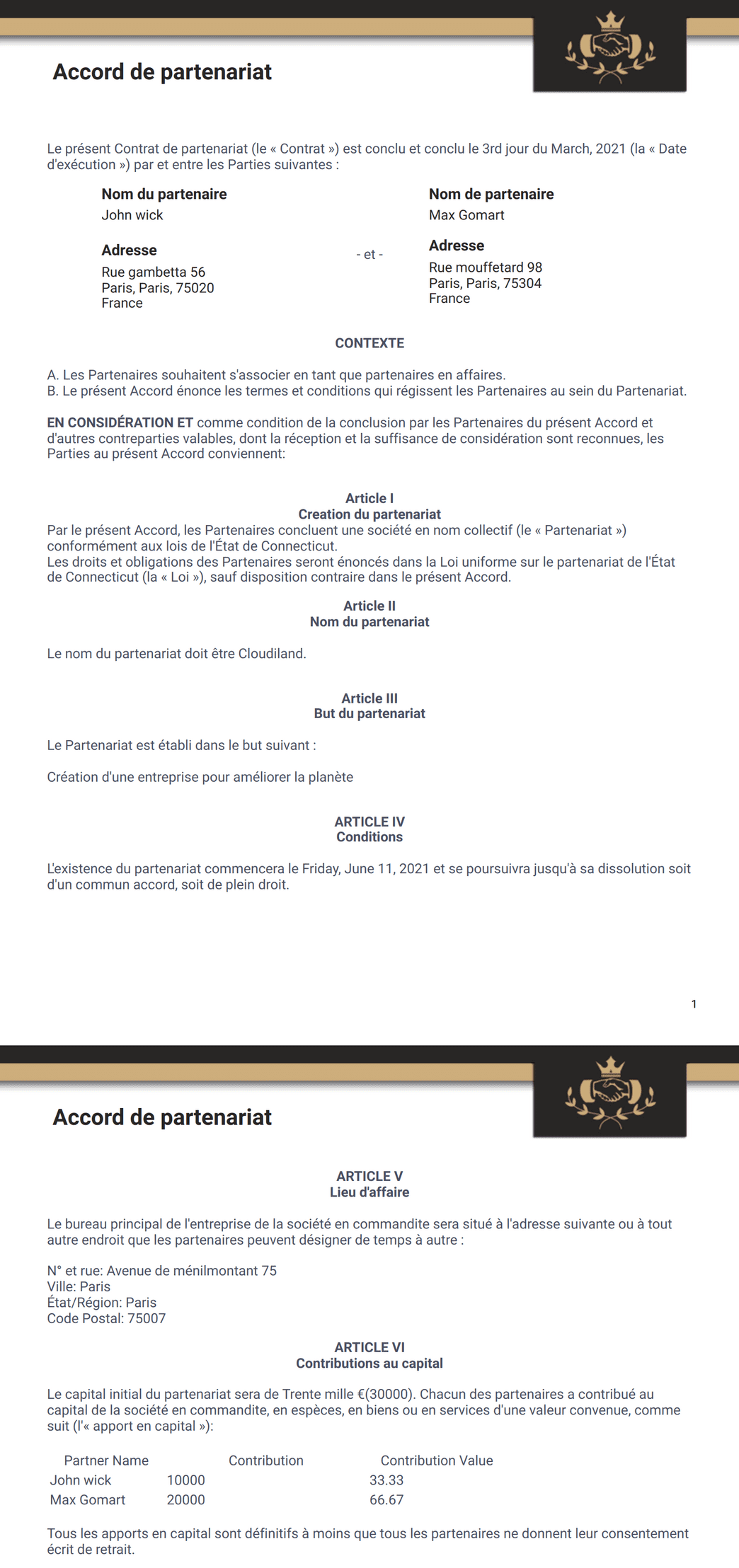 Accord de partenariat - Modèles de PDF | Jotform