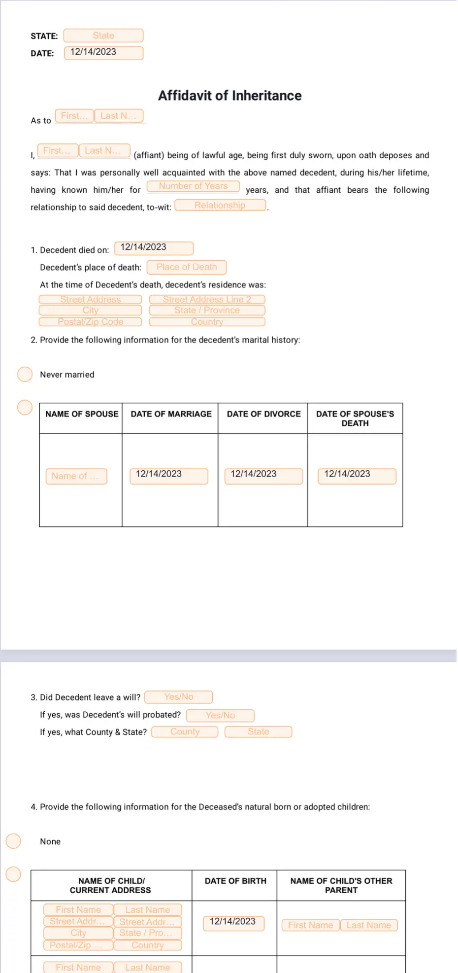 Affidavit of Inheritance - Sign Templates | Jotform