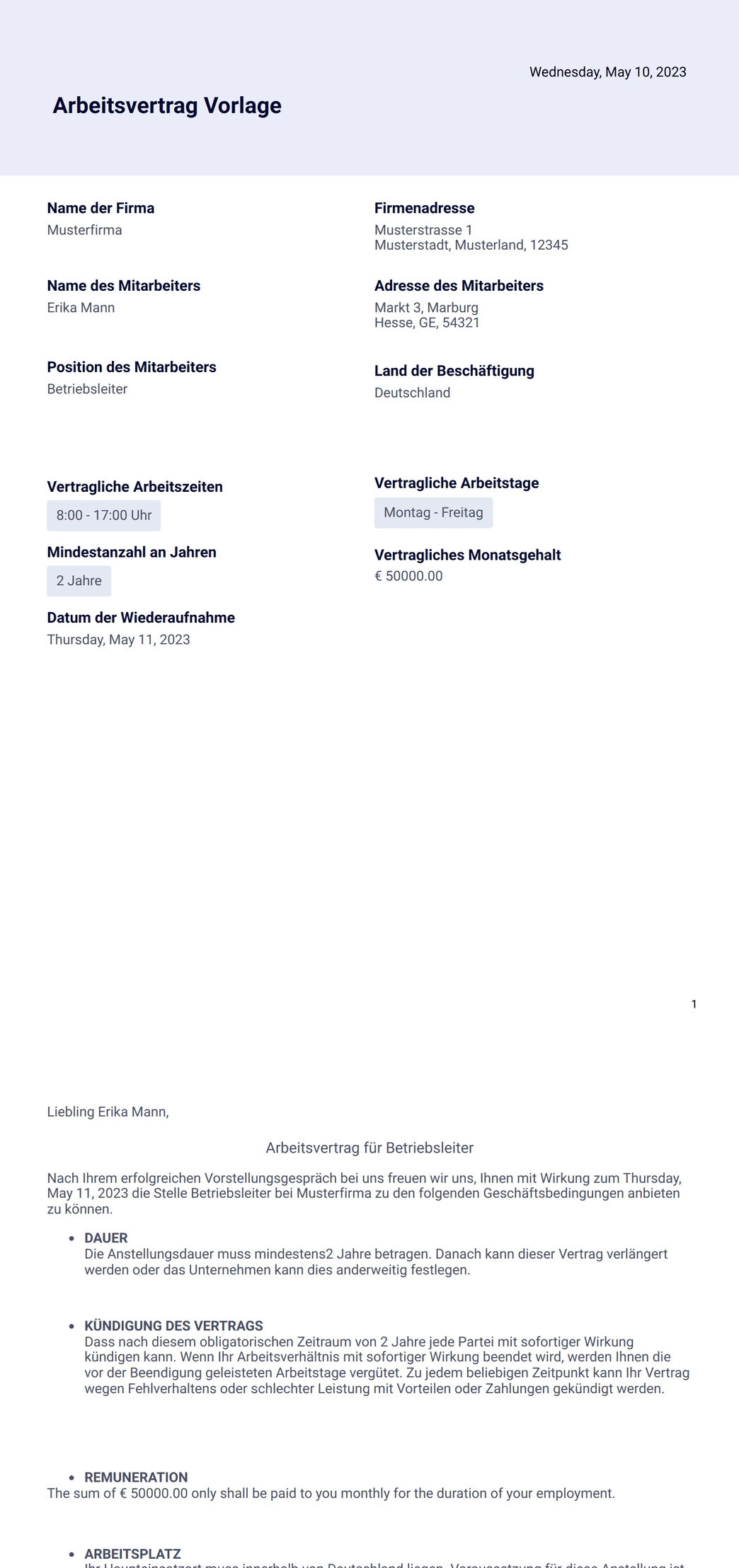 Arbeitsvertrag Vorlage - PDF-Vorlagen | Jotform