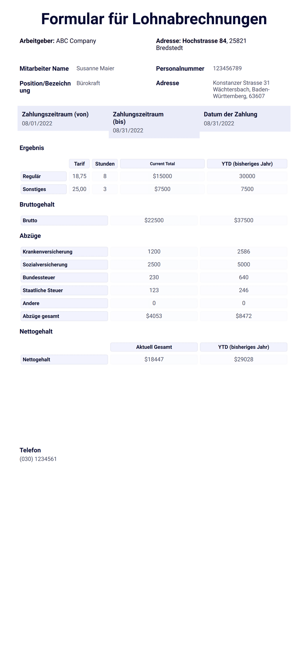 Lohnabrechnung Muster - PDF-Vorlagen | Jotform